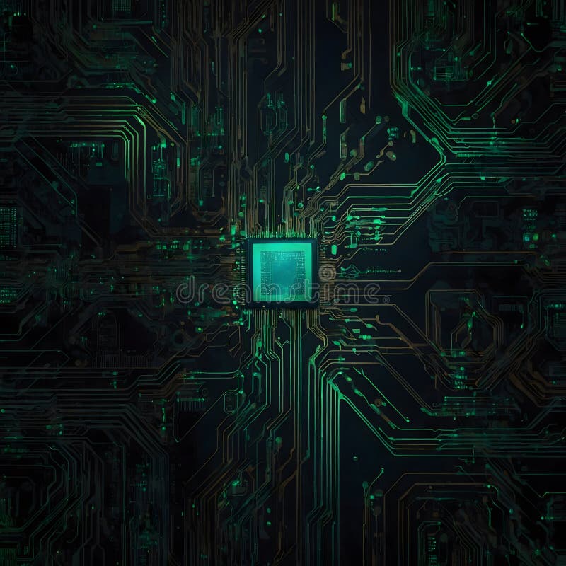 Abstract Background with Glowing Circuit Boards, Microchips, and ...