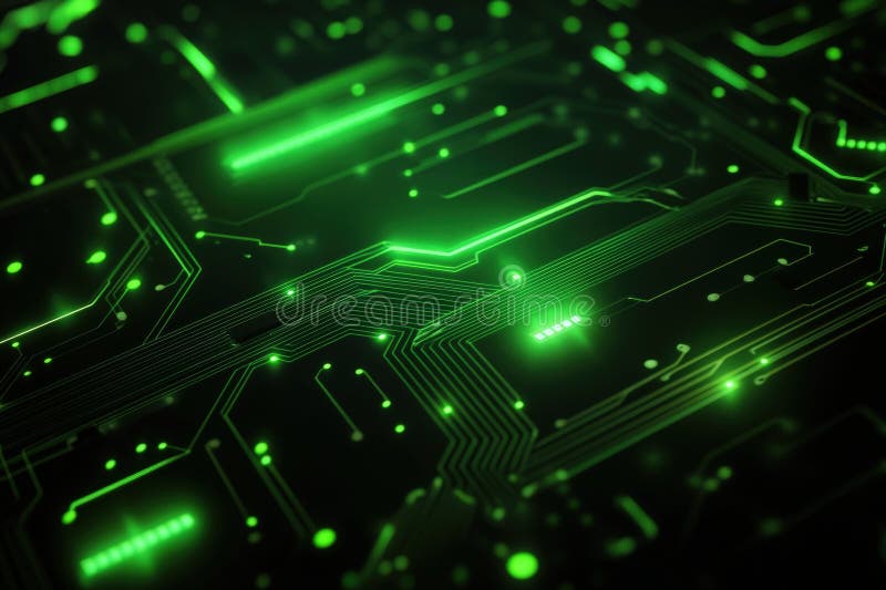 Abstract Background with Glowing Green Lines and Circuit Patterns ...