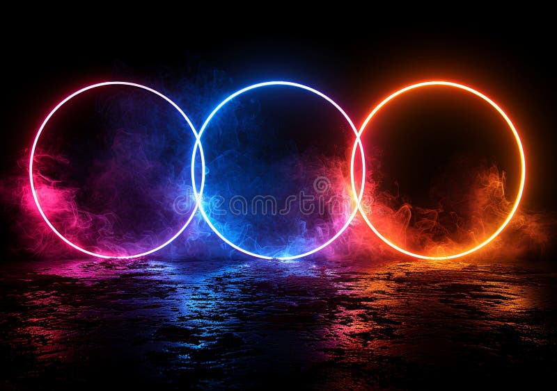 Abstract Background with Glowing Neon Light Rings on a Black Background ...