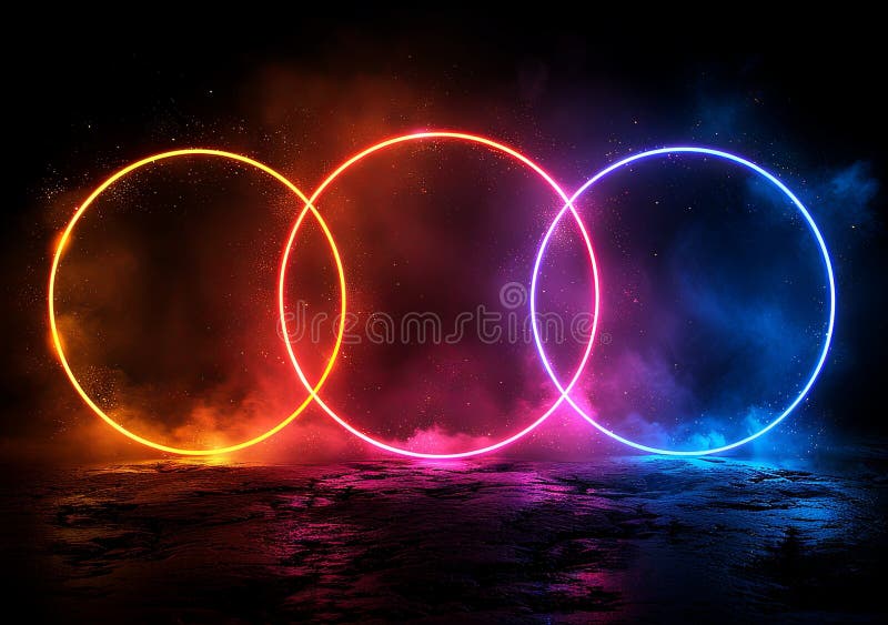 Abstract Background with Glowing Neon Light Rings on a Black Background ...