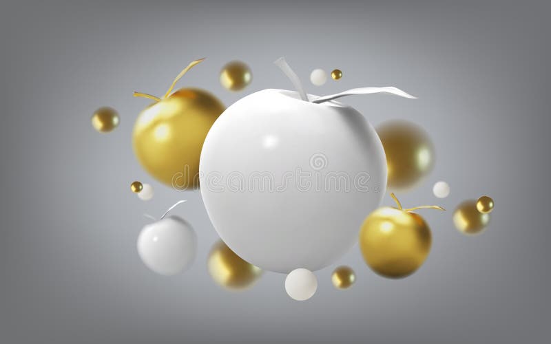 Abstract Background with Gold Apple and Metalic Spheres, Front View. 3D ...