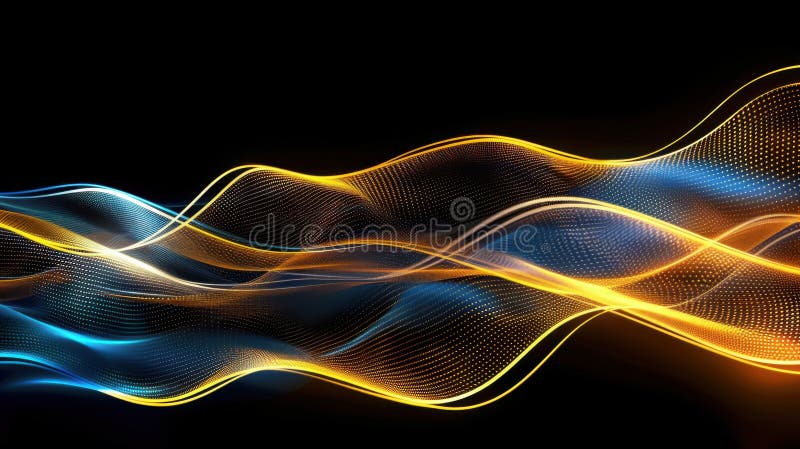 Abstract Background with Gold and Blue Glowing Neon Moving Wave Lines ...