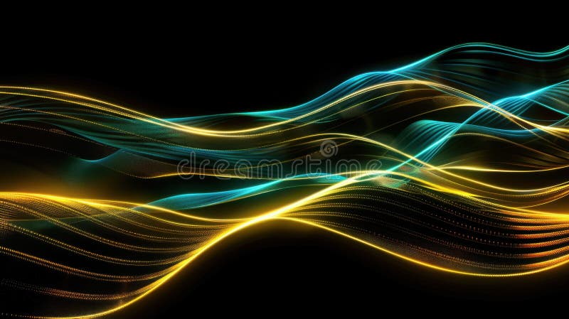 Abstract Background with Gold and Blue Glowing Neon Moving Wave Lines ...