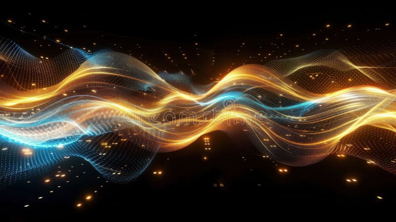 Abstract Background with Gold and Blue Glowing Neon Moving Wave Lines ...
