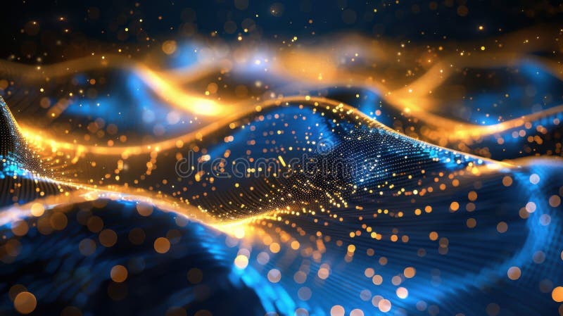 Abstract Background with Gold and Blue Glowing Neon Moving Wave Lines ...