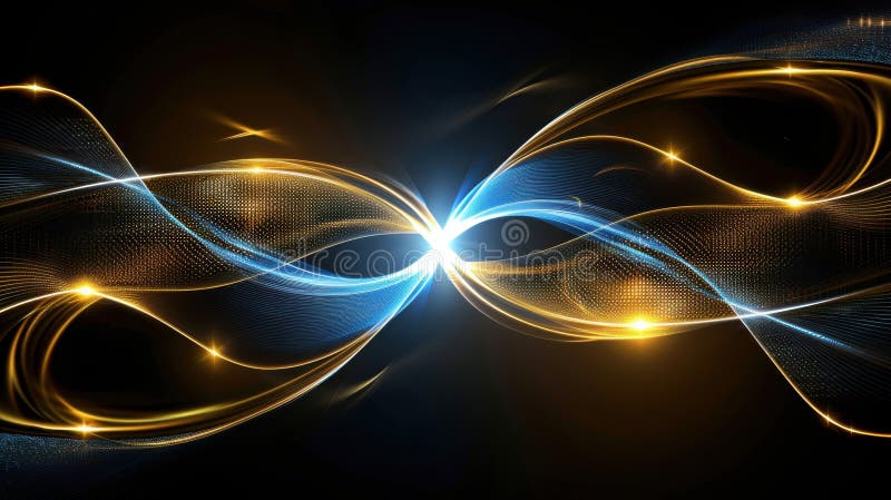 Abstract Background with Gold and Blue Glowing Neon Moving Wave Lines ...