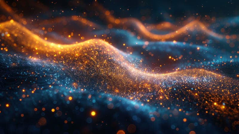 Abstract Background with Gold and Blue Glowing Neon Moving Wave Lines ...