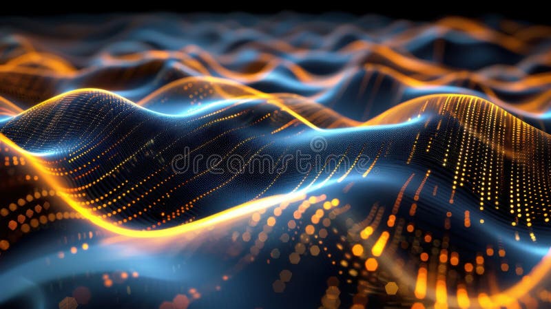 Abstract Background with Gold and Blue Glowing Neon Moving Wave Lines ...