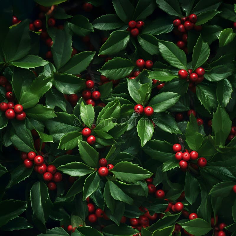 Abstract Background with Green Holy Berry Leaves and Baubles. Stock ...