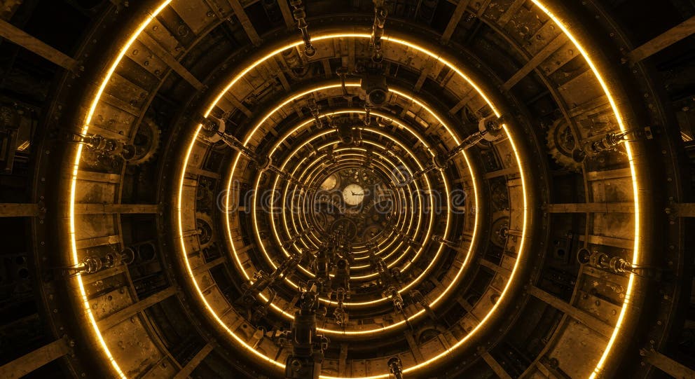 Golden Circular Tunnel with Glowing Lights Abstract Background Stock ...
