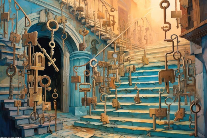 Abstract Background with an Image of an Old Staircase and Vintage Keys ...