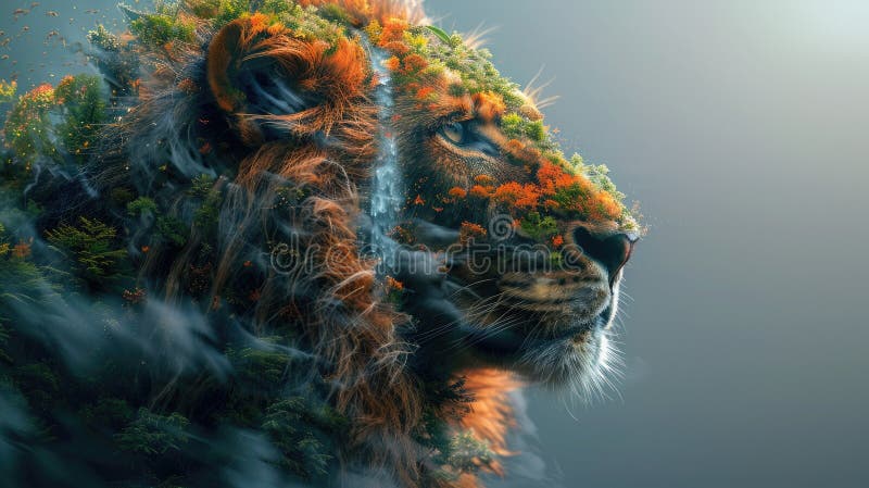Abstract Background of Lion Face with Nature, a Lion As Earth ...