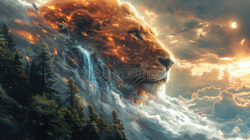 Abstract Background of Lion Face with Nature, a Lion As Earth ...