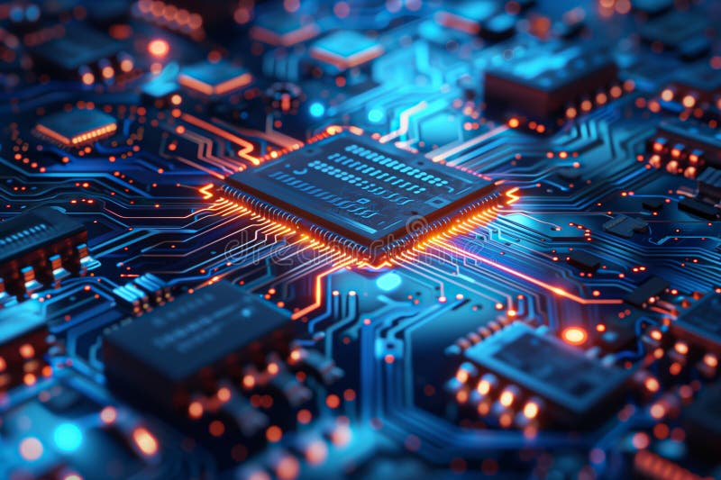 Abstract Background Neon Lines Blue Board Chip Data Transmission Modern ...