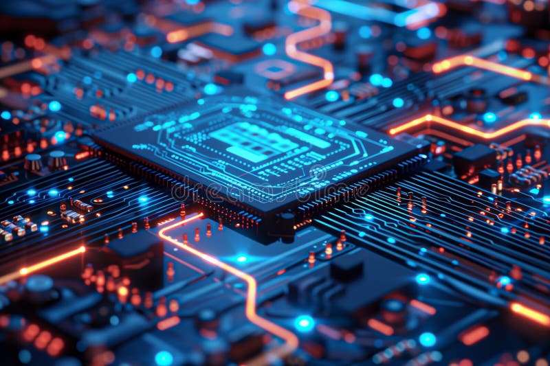 Abstract Background Neon Lines Blue Board Chip Data Transmission Modern ...