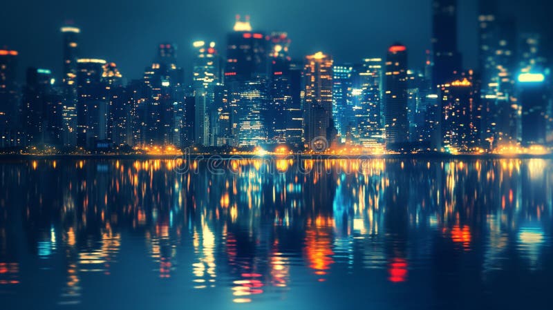 Abstract Background with a Nighttime Cityscape with Brightly Lit ...