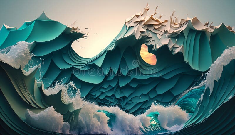Abstract Background with Ocean , Wave and Sky in Paper Art and Craft ...
