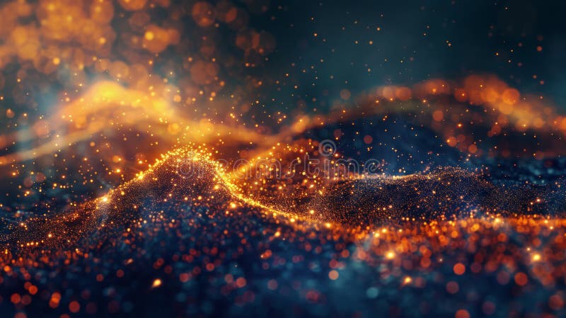 Abstract Background with Orange Light Particles on Dark Landscape ...