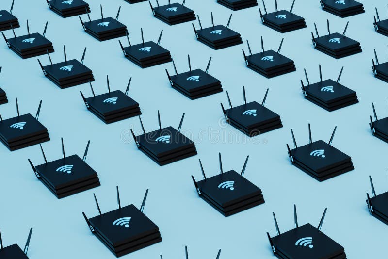 Abstract Background. Patterns of Black Routers with Wi-Fi Icons Glowing ...