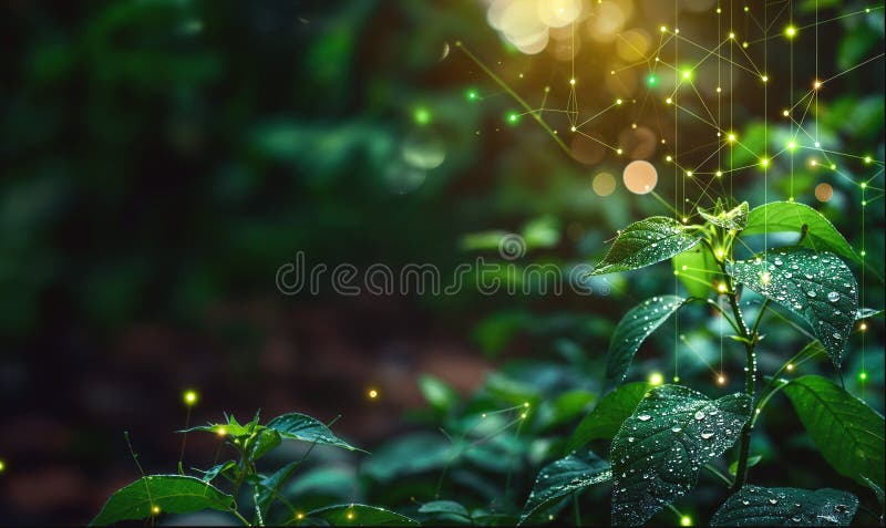 Abstract Background with Plants Digital Nodes and Green Light. Stock ...