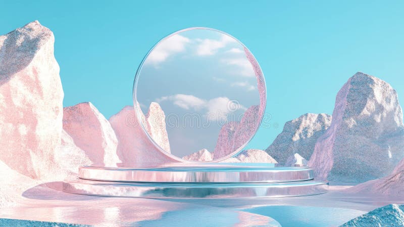 Abstract Background with Podium and Iridescent Mirror in Surreal ...