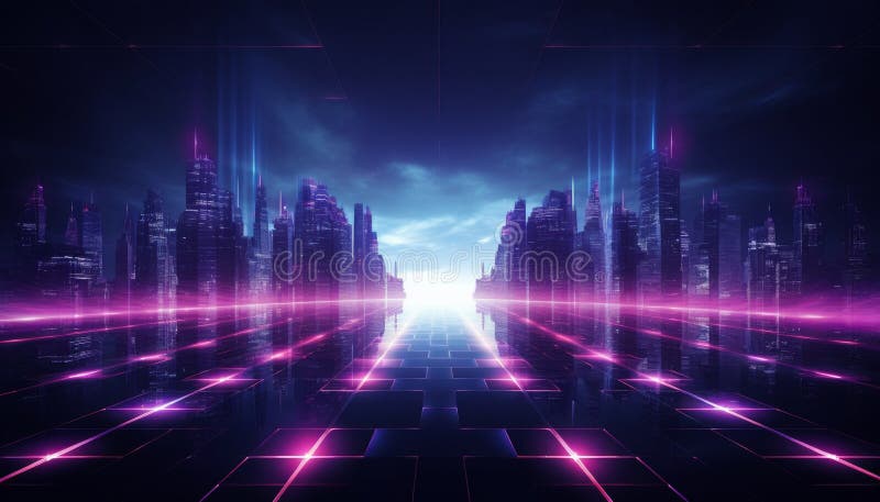 Abstract Background with Purple Neon City Silhouette on a Backdrop ...