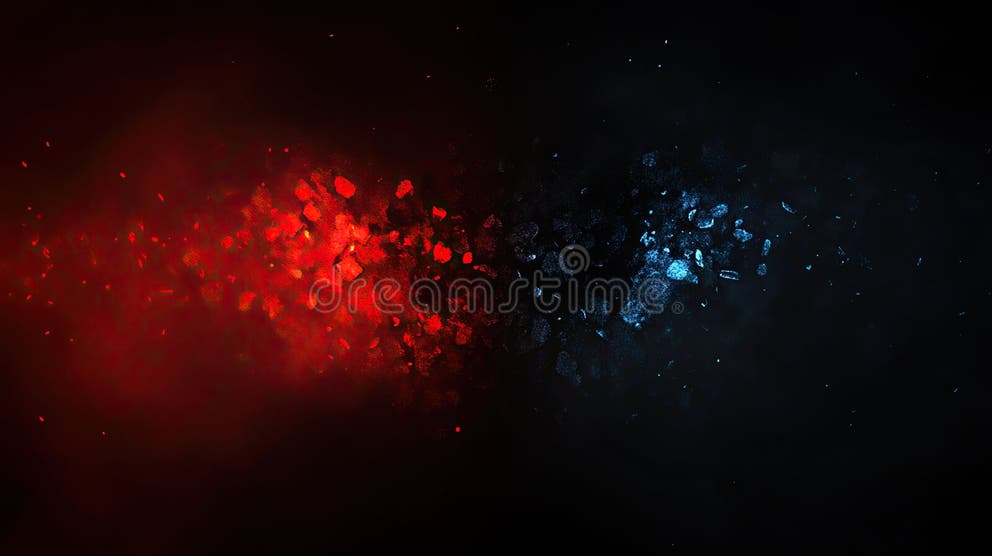 Abstract Background with Red and Blue Glowing Particles Colliding in a ...