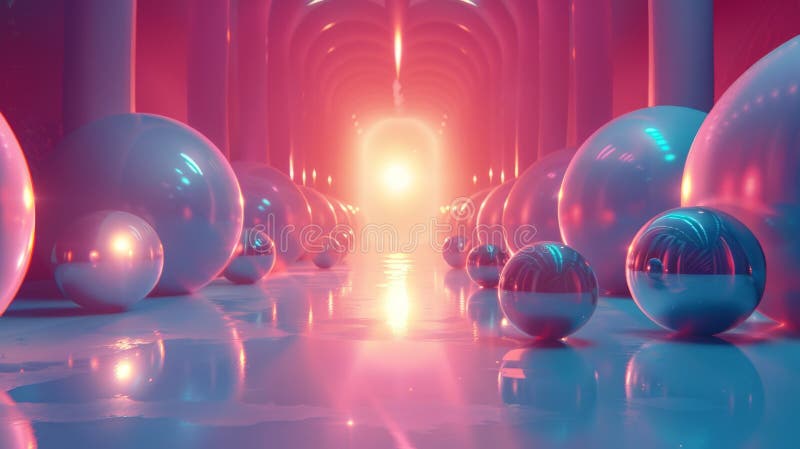 Abstract Background with Reflective Spheres in a Hallway Leading To ...
