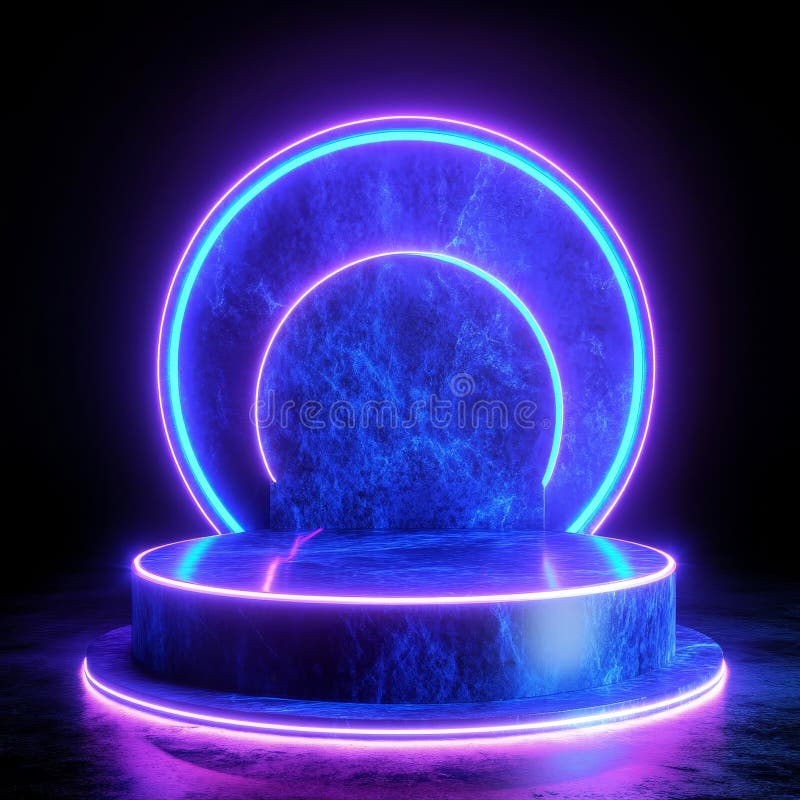 Abstract Background with Round Podium and Neon Lights, 3d Render. Stock ...