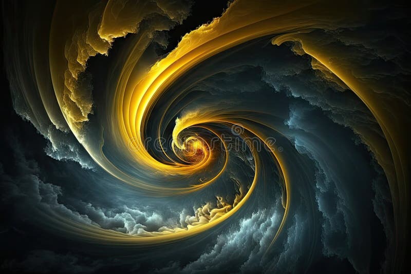 Abstract Background in Shape of Bright Yellow Tornado Against Dark Blue ...