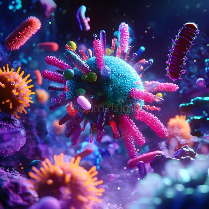 Microorganism Dressed in Various Colorful 3D Shapes, Surrounded by ...