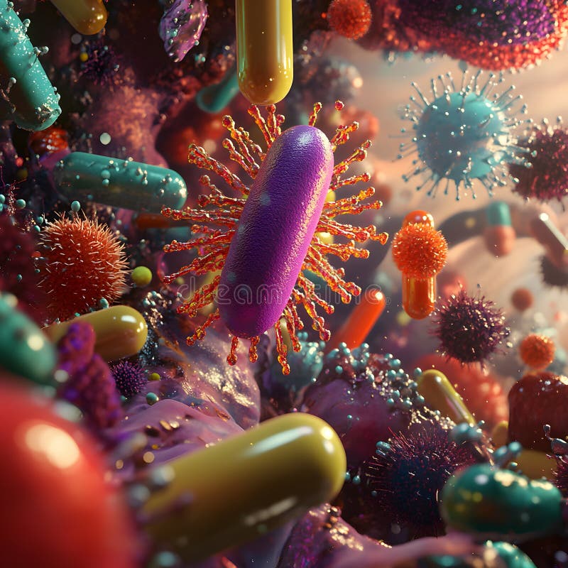 Microorganism Dressed in Various Colorful 3D Shapes, Surrounded by ...