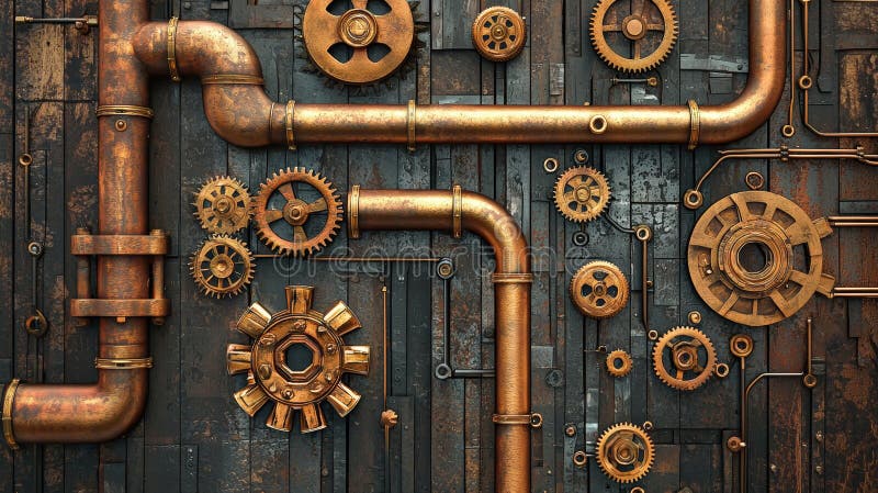 Abstract Background with Steampunk Elements, Including Pipes, Cogs, and ...
