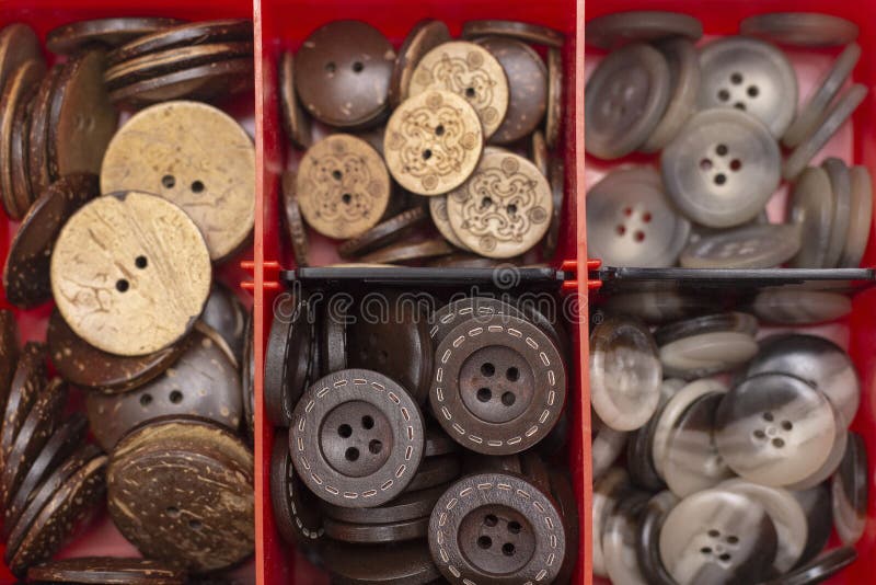 Abstract Background, Texture of Wooden and Plastic Buttons in a Box ...