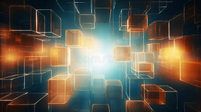 Abstract Background of Transparent Random Floating Cubes on a Blue ...