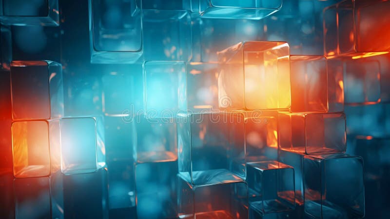 Abstract Background of Transparent Random Floating Cubes on a Blue and ...
