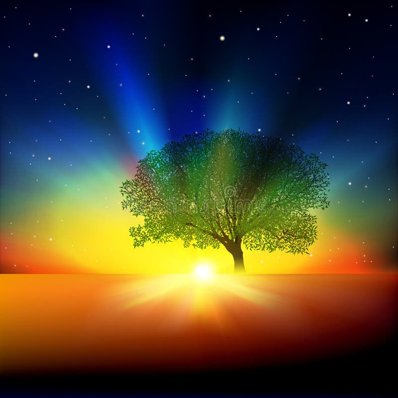 Abstract Background with Tree Sunrise and Stars Stock Vector ...