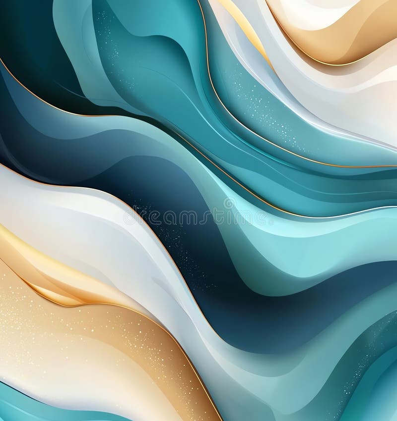 Abstract Background with Turquoise Beige and White Waves Creating Fluid ...
