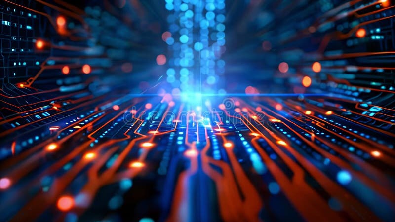 Abstract Background Video of a Glowing Circuit Board with Orange and ...