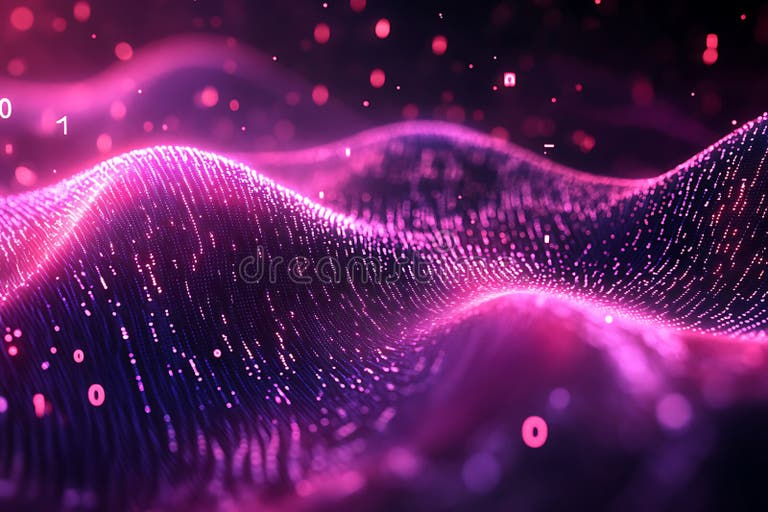 Abstract Background with a Wave of Pink Particles and Binary Code on a ...