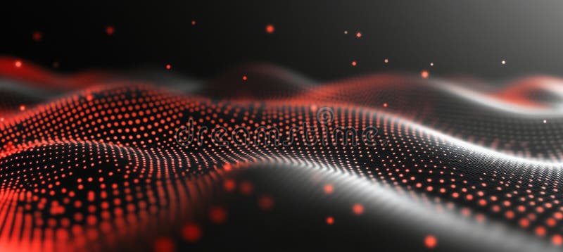 Abstract Background with Waving 3D Surface and Glowing Red Particles ...
