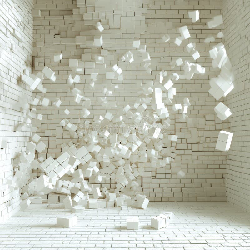 Abstract Background with White Bricks and Flying Cubes. 3d Vector ...