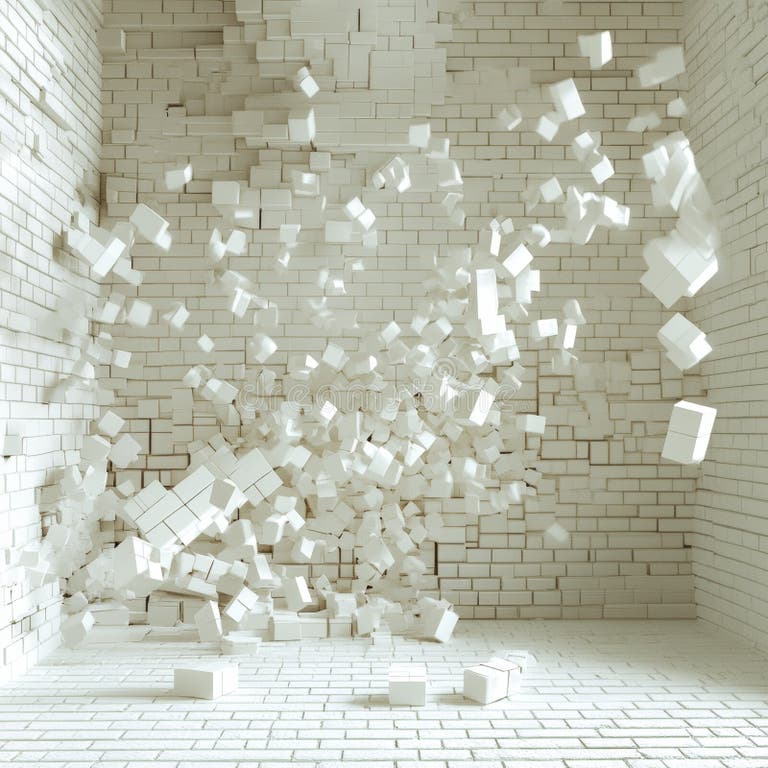 Abstract Background with White Bricks and Flying Cubes. 3d Vector ...