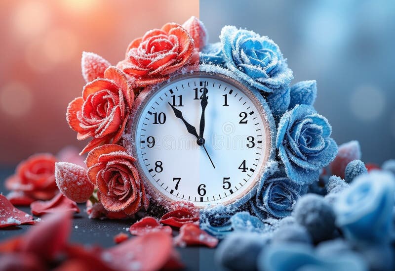 Abstract Background of Winter and Summer with Clock Symbolizing ...