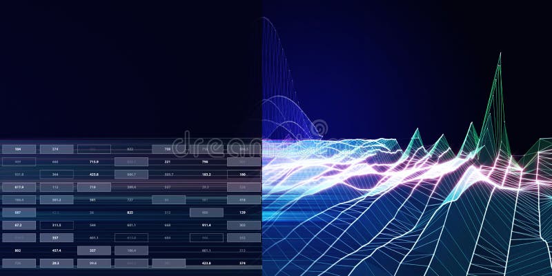 Abstract Background Wireframe Noise Grid with Color Blurred Lines and Data List. Represent ...