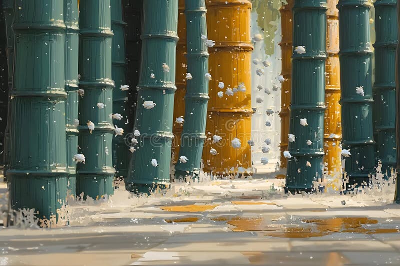Abstract Bamboo Forest with Falling White Objects and Water Splashes ...