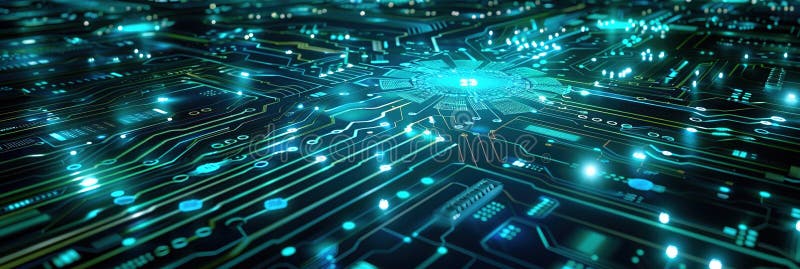 Abstract Banner Background Computer Chip Surface with Blue and Green ...