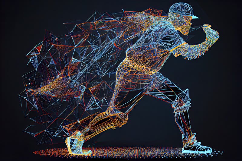 Abstract Baseball Player from Particles, Lines and Triangles on Blue ...