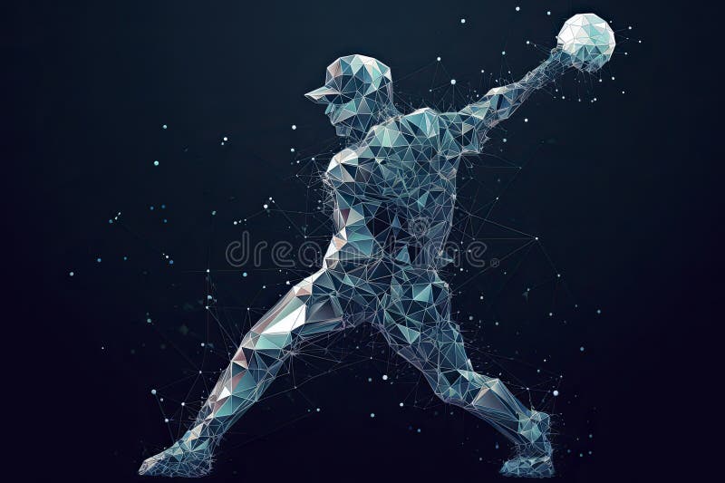 Abstract Baseball Player from Particles, Lines and Triangles on Blue ...