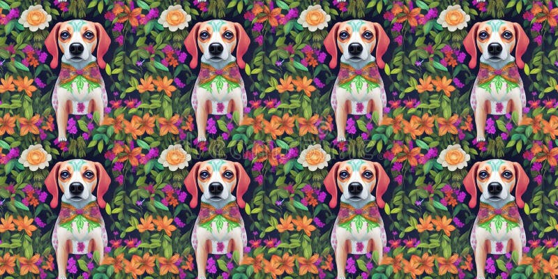 Beagle Dog Skeleton Celebrating Day Dead Seamless Patterns Flowers ...